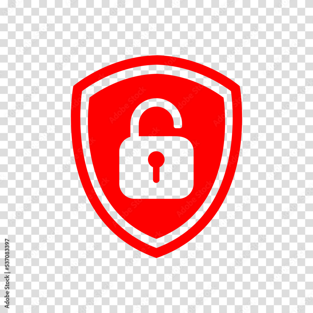 Red shield icon unlock padlock. Vector illustration with symbol on a ...