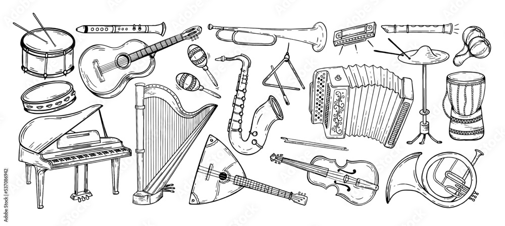 Large set musical instruments hand drawn style. Vector black and white ...