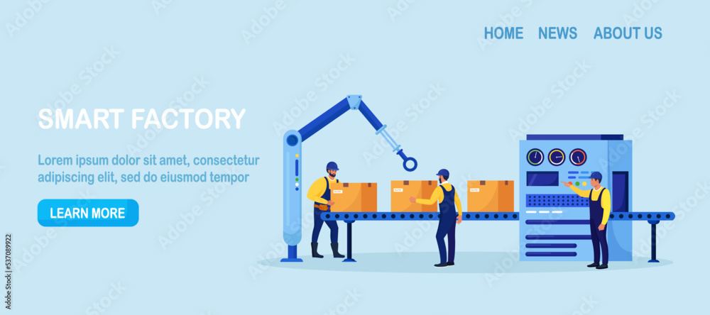 Efficient smart factory with workers, robotic arm, assembly lines ...