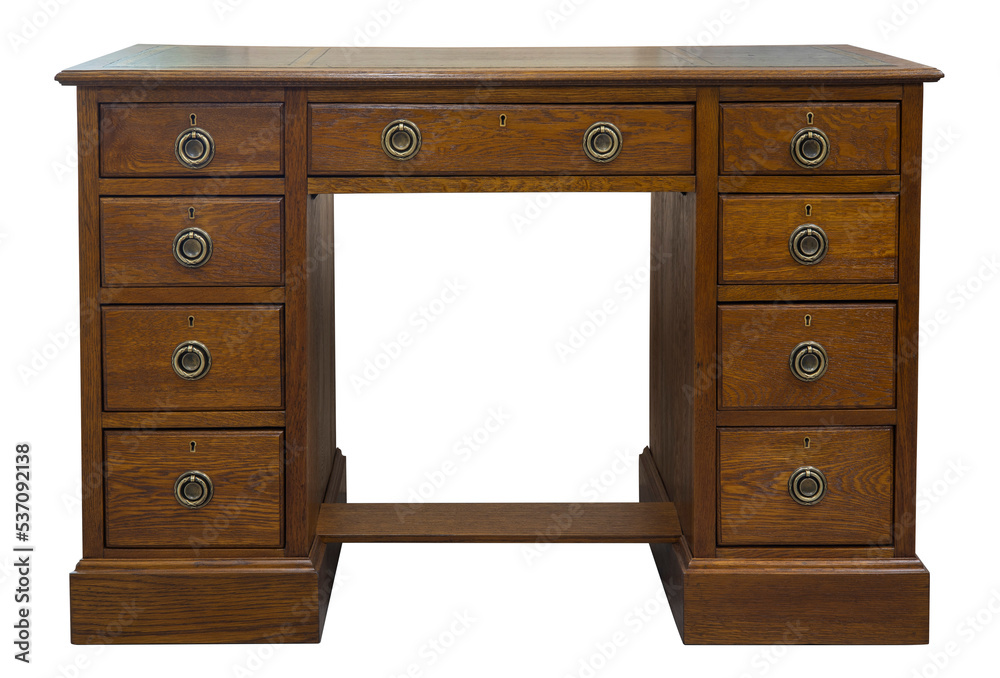 Antique oak wood writing desk isolated on white background, wooden ...