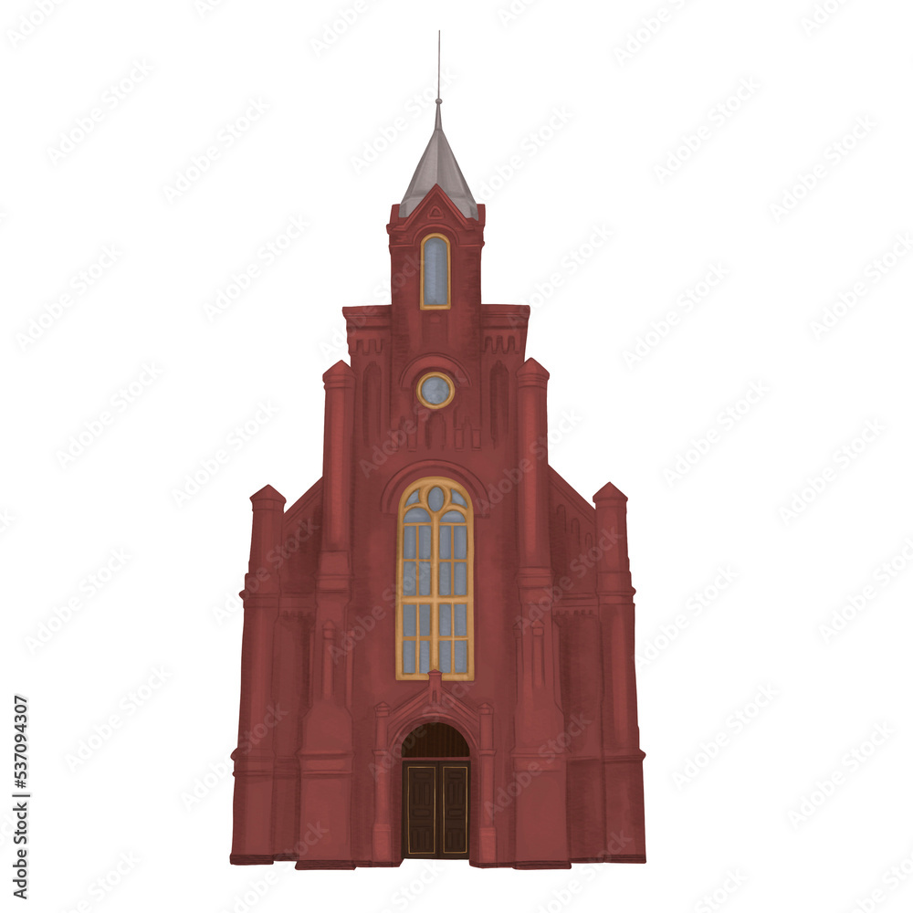 Church building.Hand drawn sophisticated architecture of watercolor red ...
