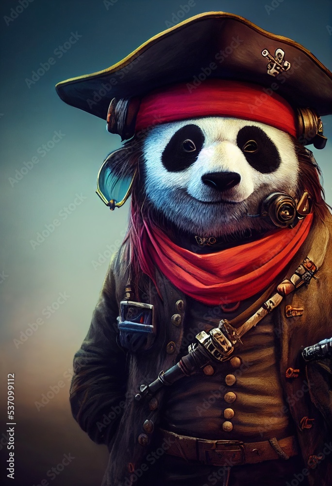 Portrait of a brutal panda pirate. Medieval pirate panda in a vintage ...