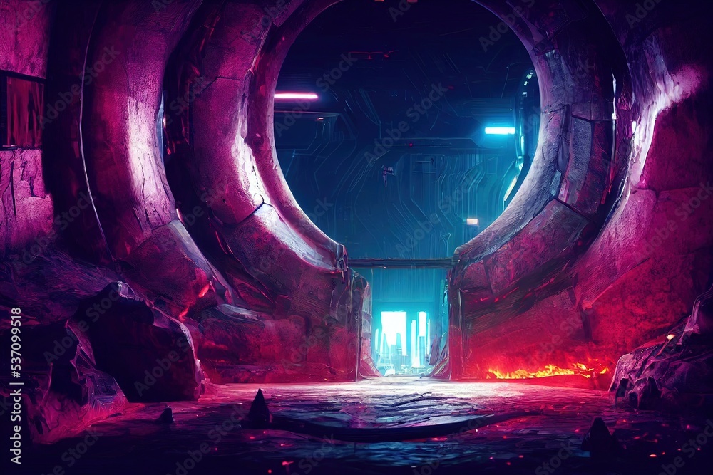 Futuristic and cyberpunk underground sewer of science fiction city ...