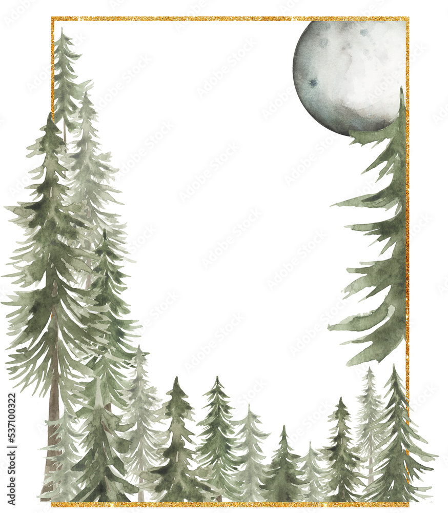 Watercolor woodland and mountains frame illustration, forest background ...