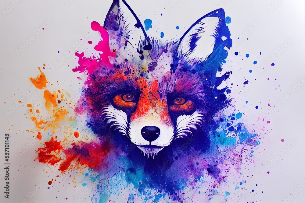 Illustration of colorful fox in paint splashes. Majestic portrait. Big ...