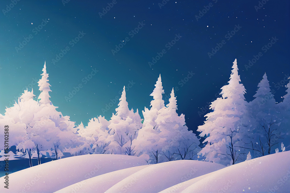 Winter landscape in forest with christmas trees and snow as digital art ...