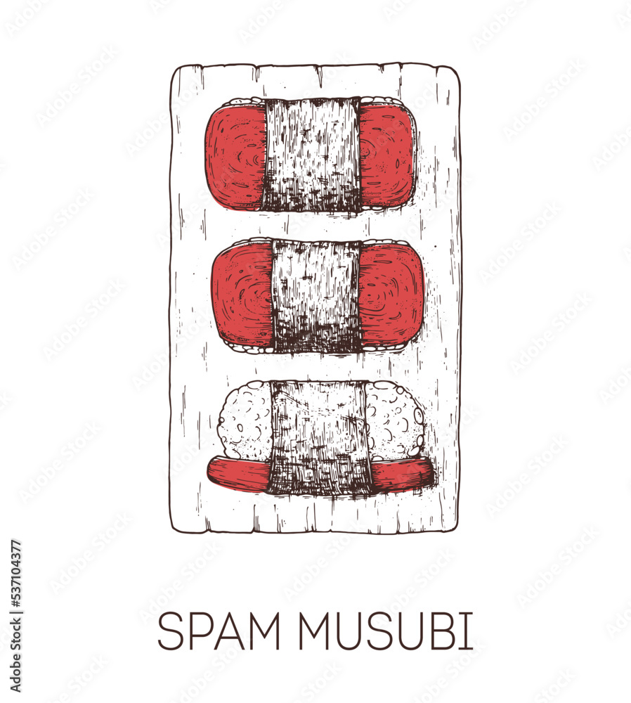 Spam Musubi, Hawaiian food. Hand drawn vector illustration. Sketch ...