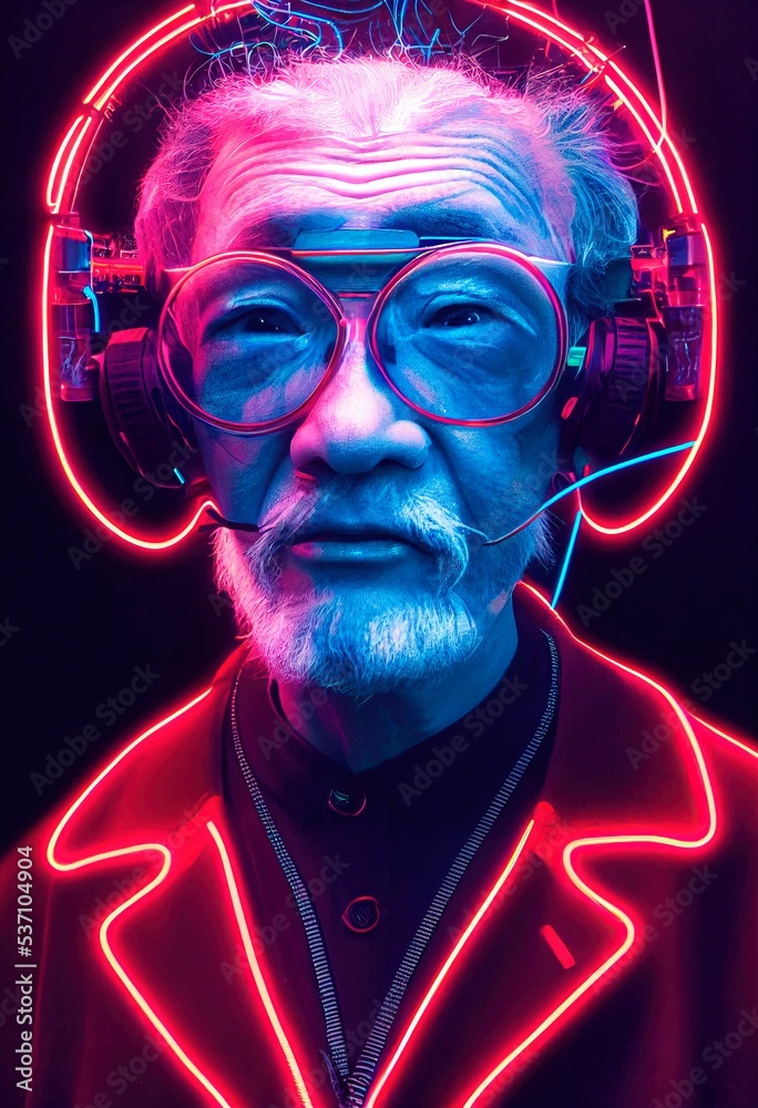 Fictional portrait of a grandfather in a futuristic cyberpunk style ...
