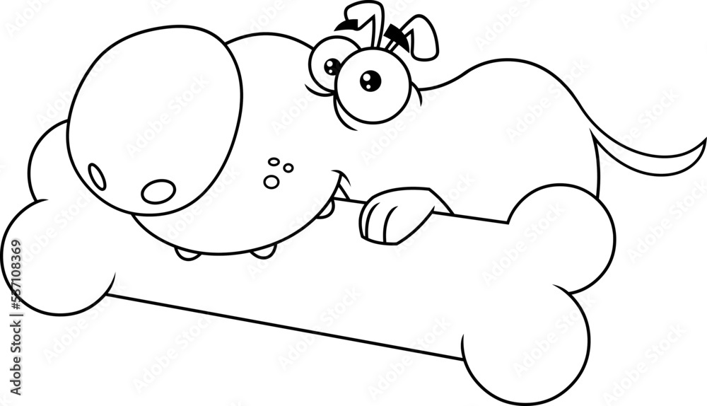 Outlined Cute Dog Cartoon Character Gnawing On Bone. Vector Hand Drawn ...