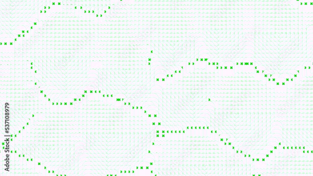 White background. Design.Green small squares in pixels that move around ...