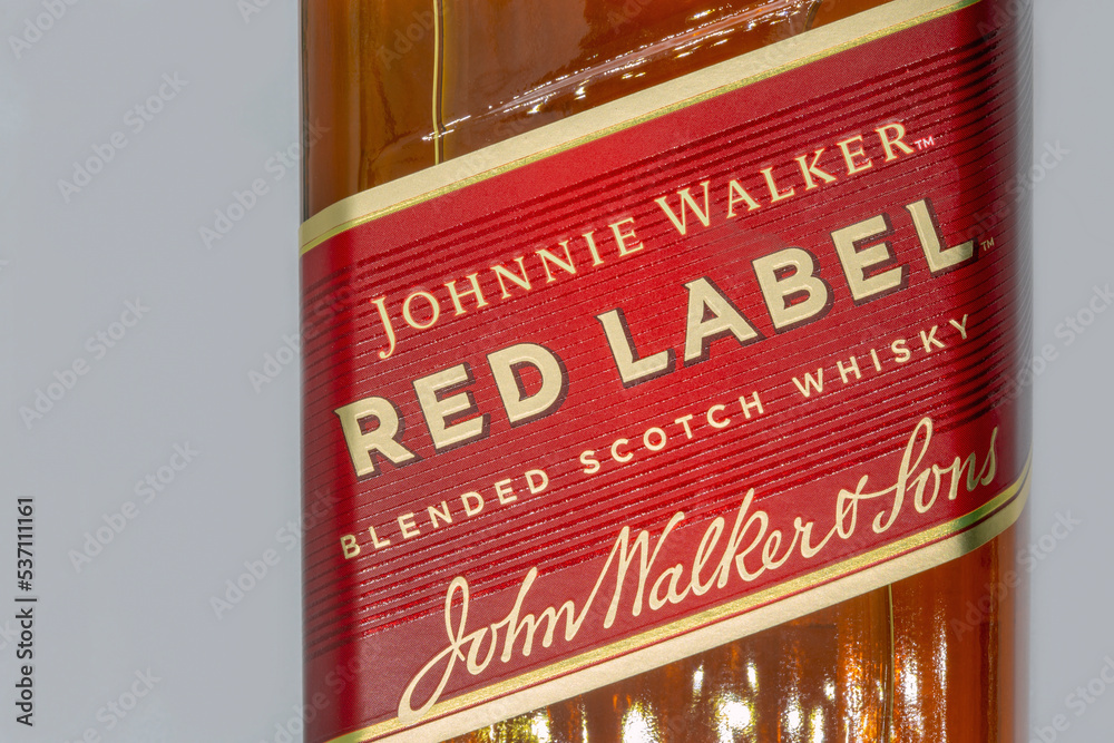 Johnnie Walker Red Label blended Scotch Whisky label closeup. Stock ...