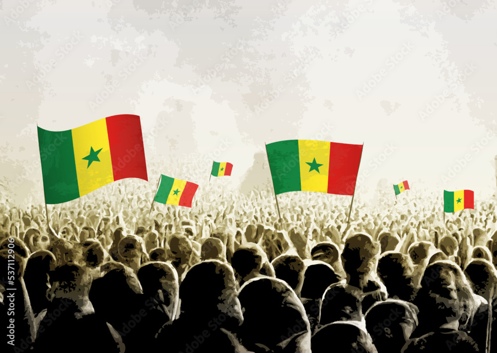 Crowd with the flags of Senegal, people cheering national team of ...