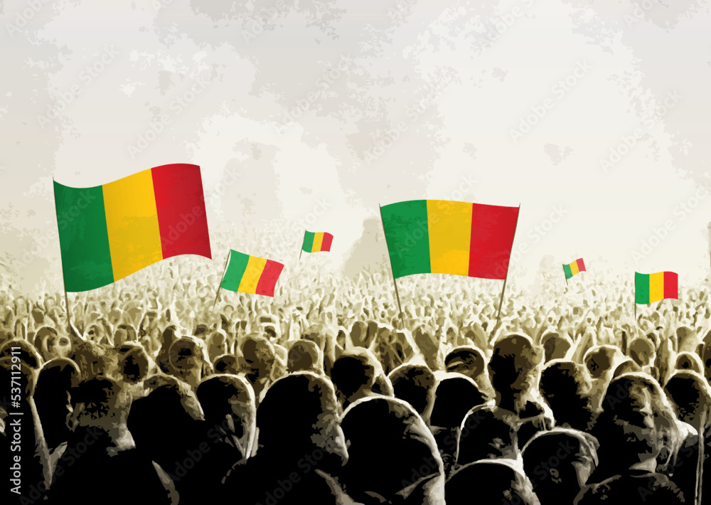 Crowd with the flags of Mali, people cheering national team of Mali. Ai ...