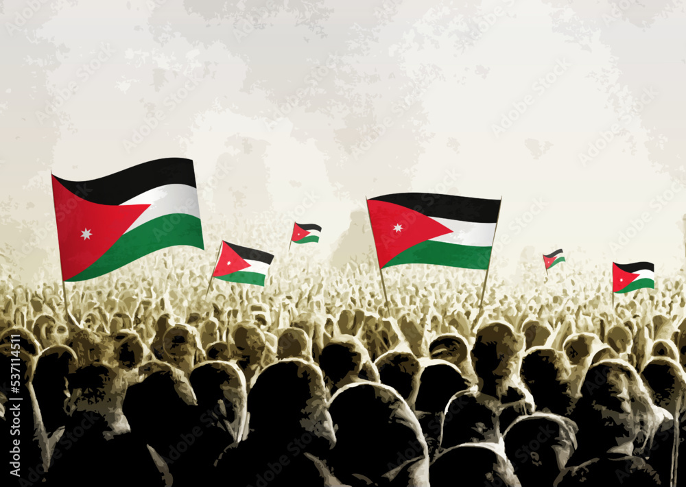 Crowd with the flags of Jordan, people cheering national team of Jordan ...