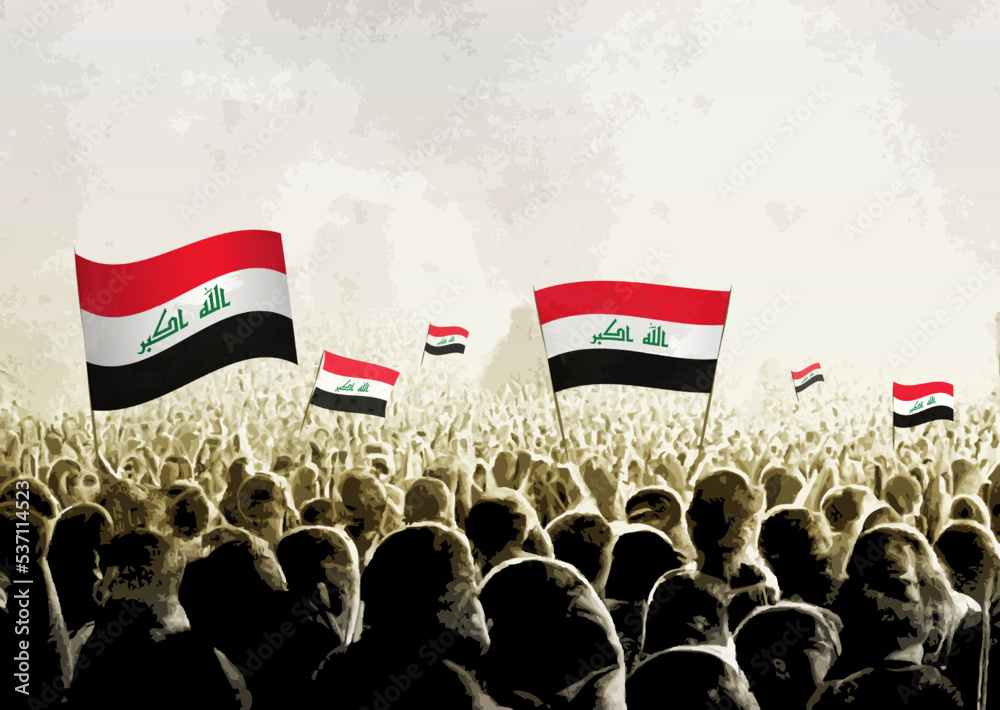 Crowd with the flags of Iraq, people cheering national team of Iraq. Ai ...