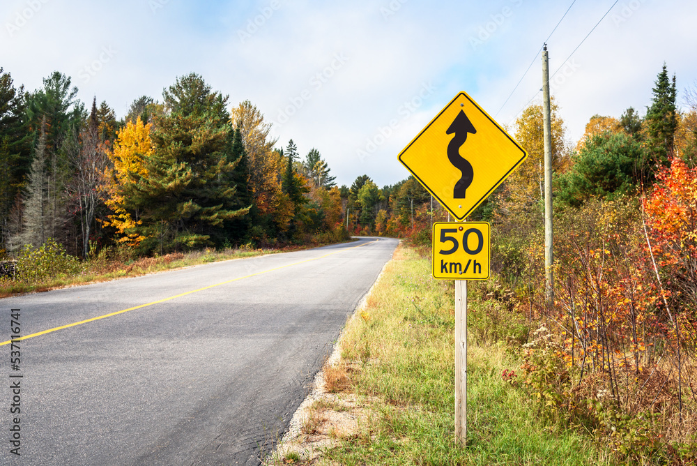 Wanrning road sign along with a speed limit sign on a winding forest ...
