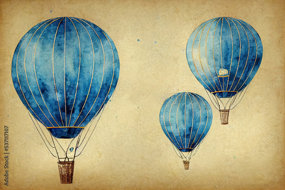 Watercolor blue Air Balloon with basket and pennants. Hand painted illustration for Children ...