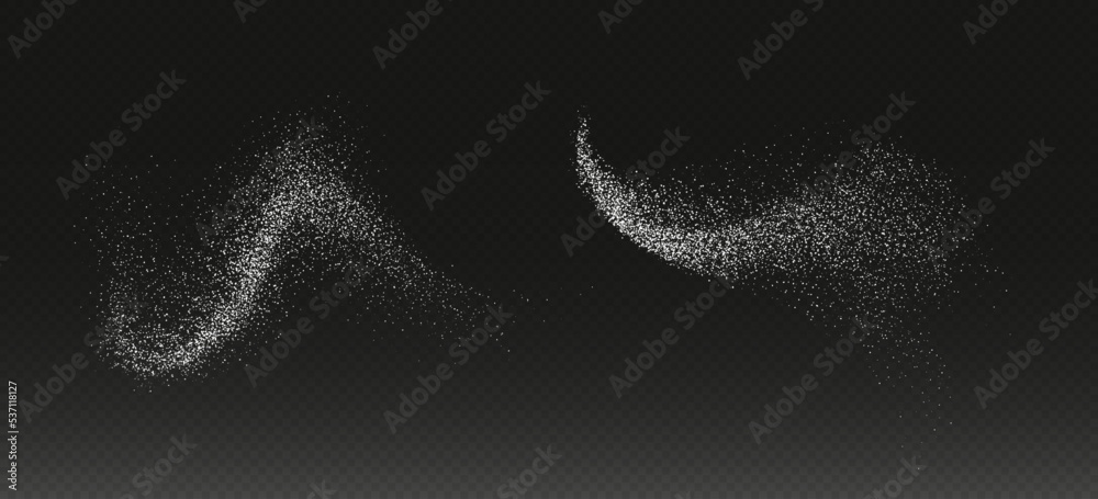 Sugar powder splash, flying salt, baking flour top view. White powder ...