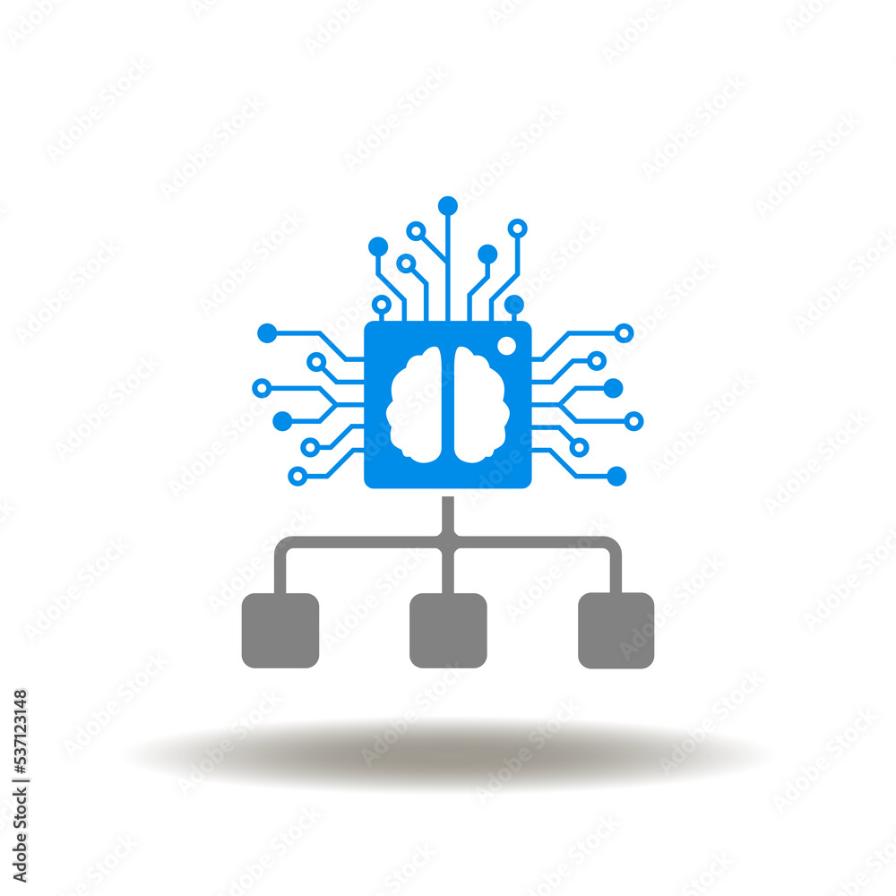 Vector illustration of flowchart with processor and brain. Icon of AI ...