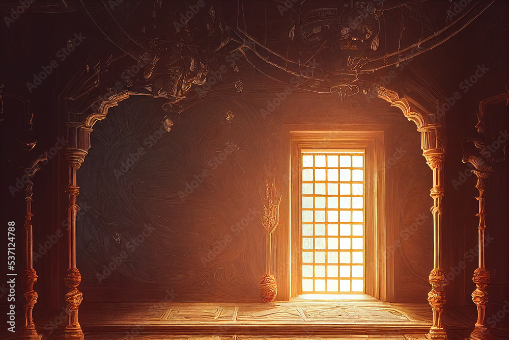 Majestic dark fantasy interior of the castle hall. 3D illustration ...