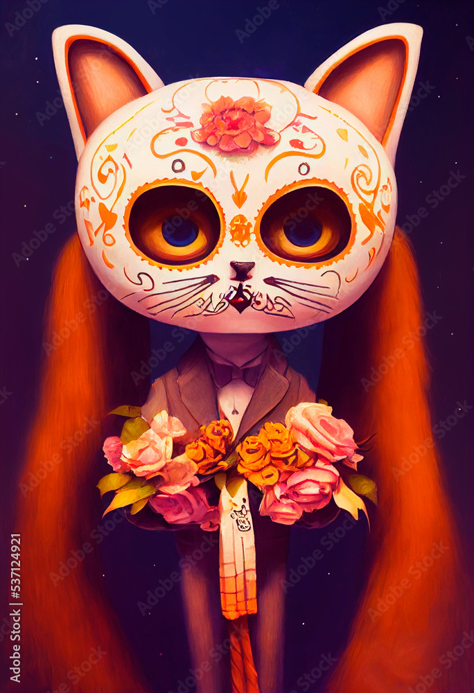 Cute cat Dia de muertos skull illustration. Cat wearing Day of the dead ...