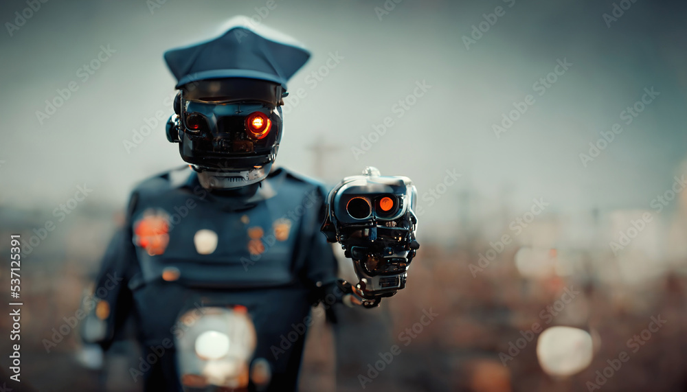 City night scene with robot policeman pointing gun. Ai generated art ...