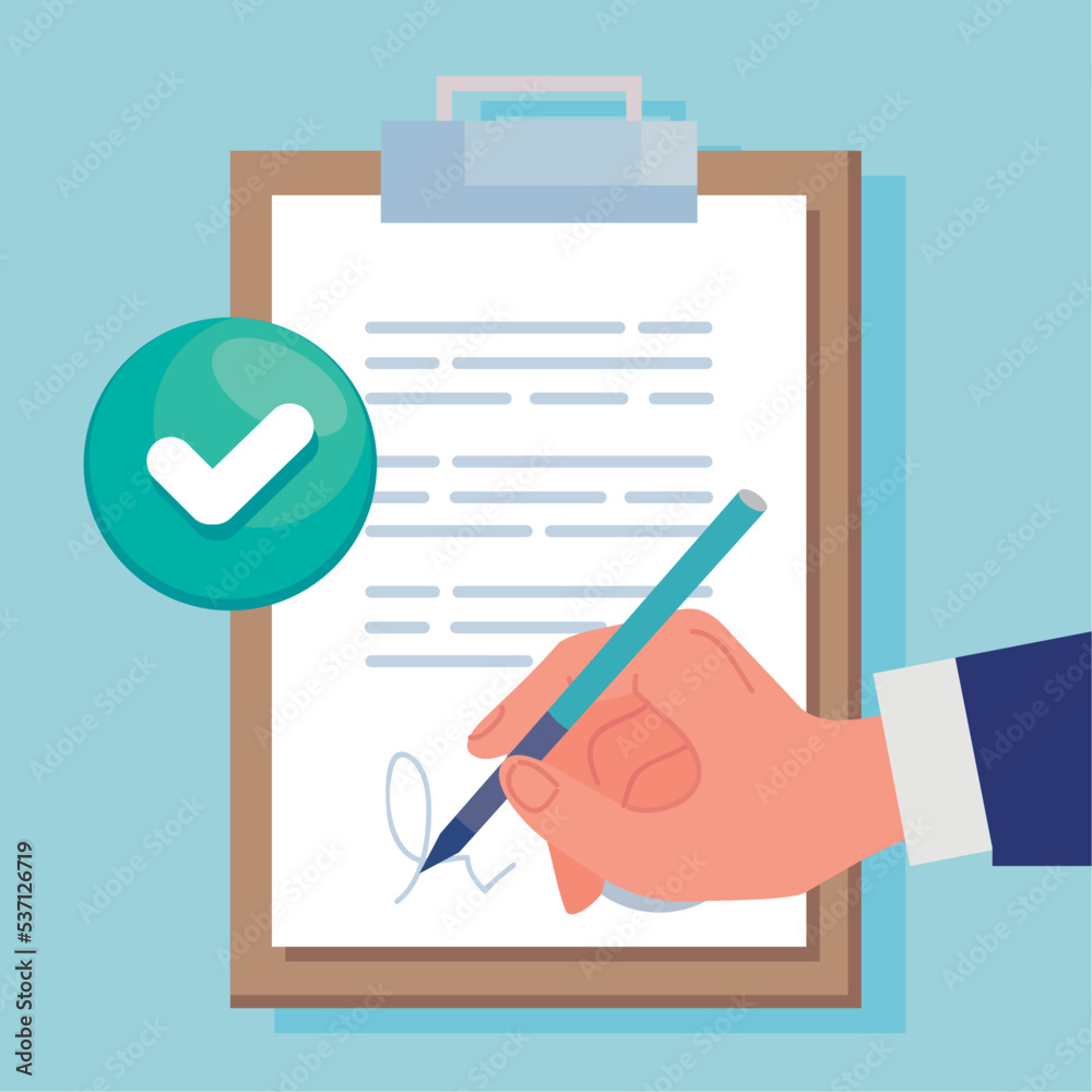 hand signing contract in clipboard Stock Vector | Adobe Stock