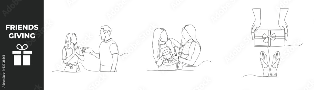 Single one line drawing friends giving concept set. Man giving gift box ...
