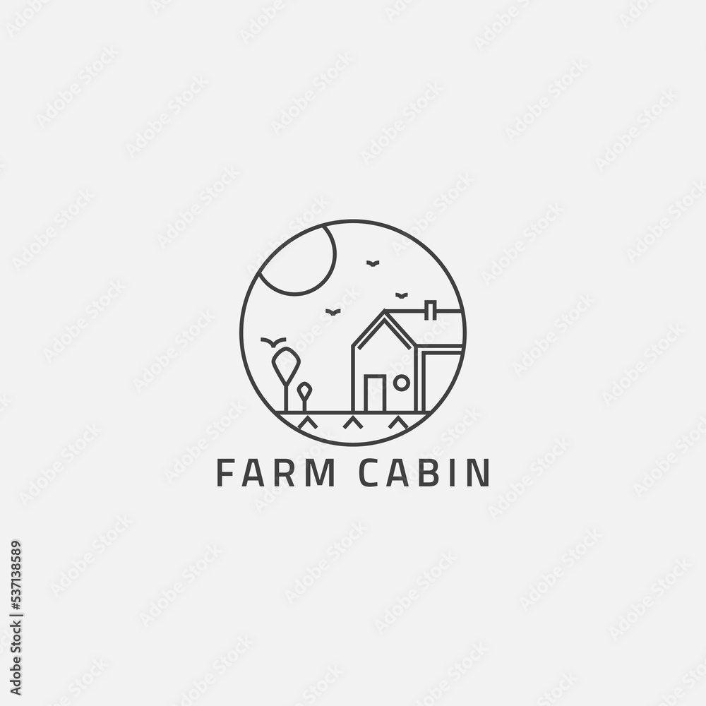 Farm cabin logo with trees, sun and birds. Stock Vector | Adobe Stock