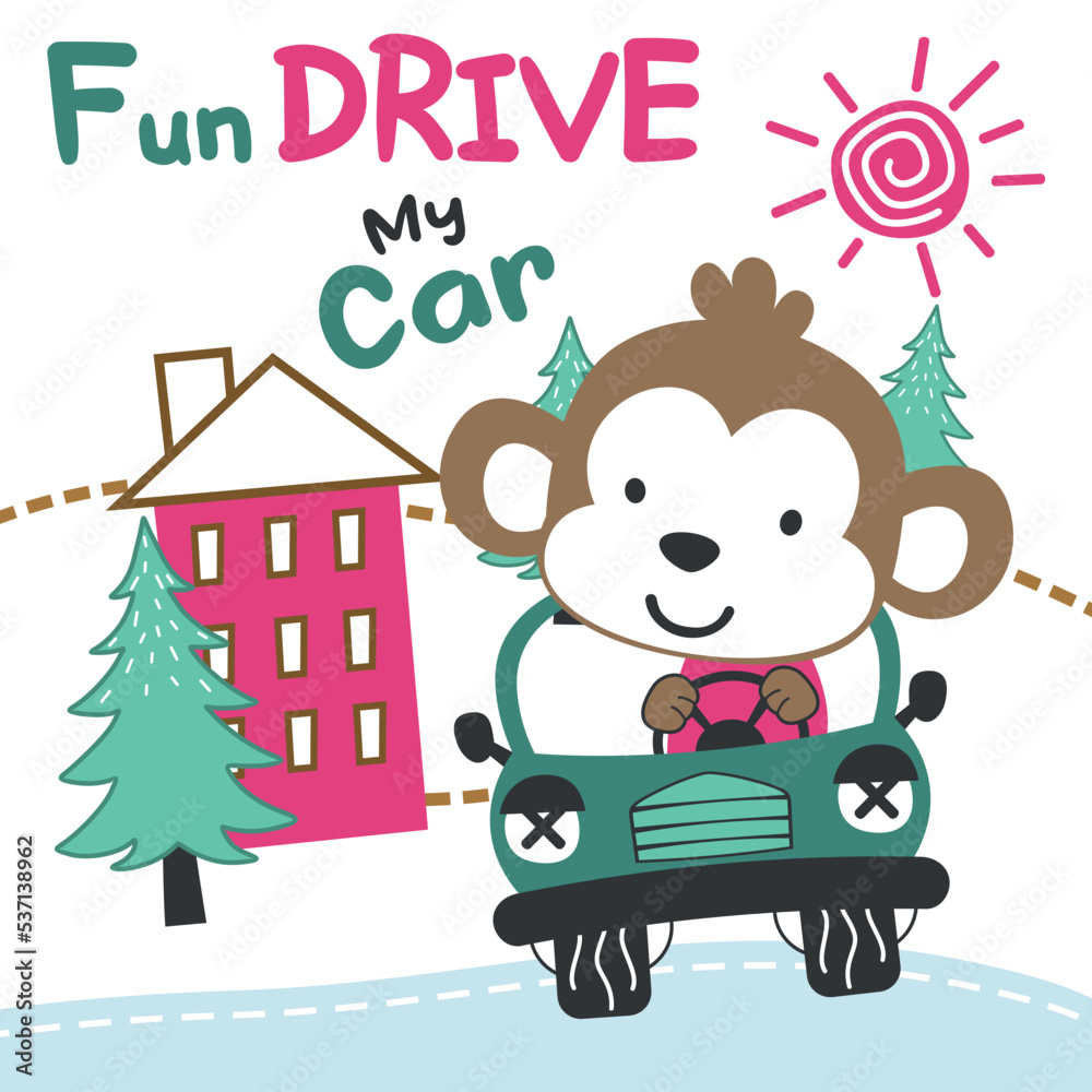 Vector illustration of funy animal driving the blue car. Funny ...