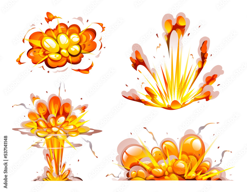Bomb explosion vector set. Atomic explosion with smoke, flame and ...