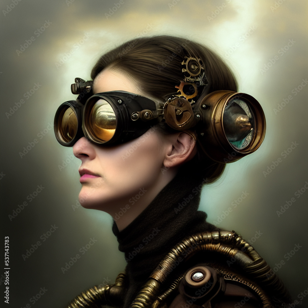 Futuristic sci fi woman wearing googles. Fantasy AI art generated with ...