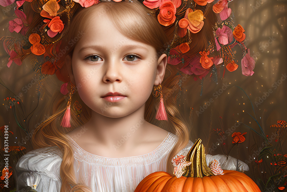 Surreal beautiful girl in autumn scenery, flower tiara on her head ...