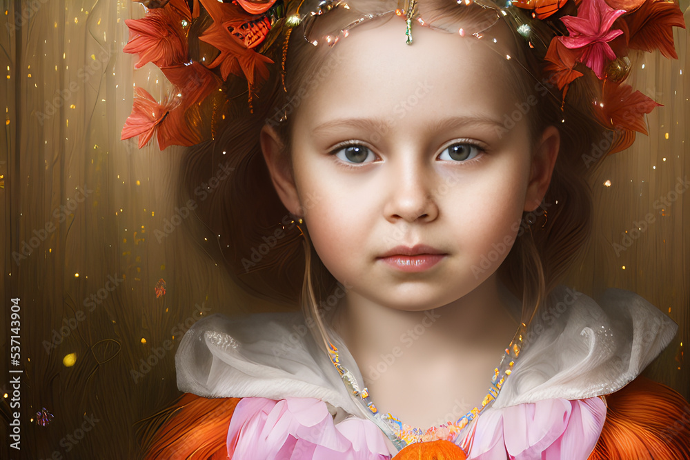 Surreal beautiful girl in autumn scenery, flower tiara on her head ...