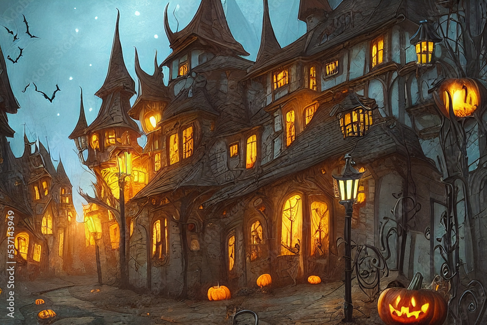 ภาพประกอบสต็อก Ominous and spooky fantasy town at night, Halloween and ...