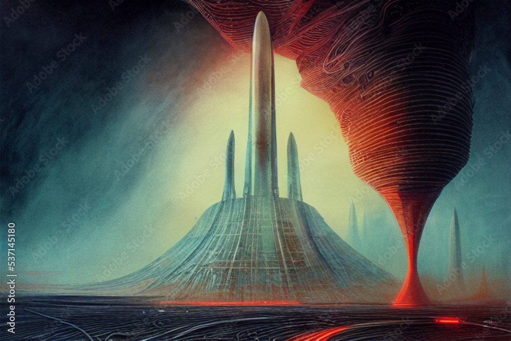 Illustrations of planets in outer space with various forms of buildings ...