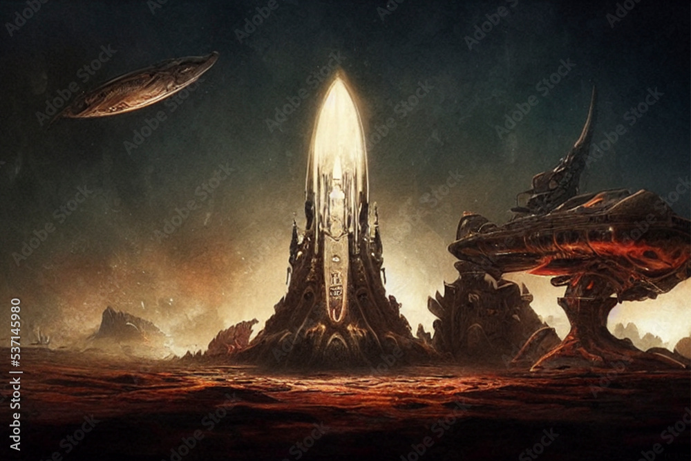 Illustrations of planets in outer space with various forms of buildings ...