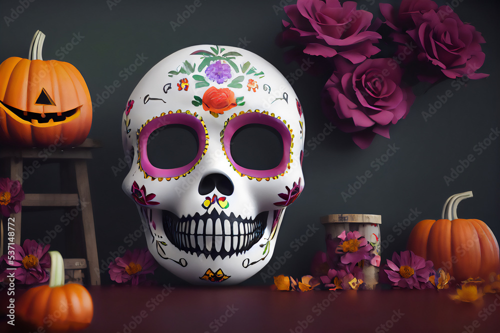 Hispanic heritage sugar skull marigold Festive dia de los muertos ...