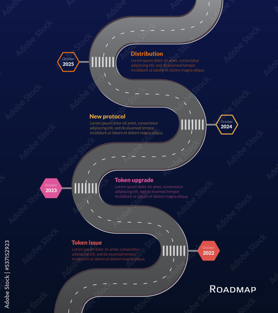 Roadmap with winding road and stop signs on stages on dark blue ...