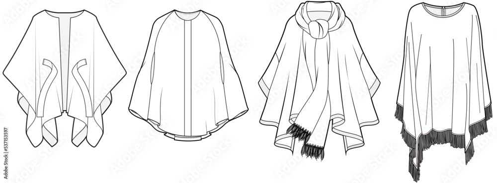 womens cape ponchos fashion flat sketch vector illustration technical ...