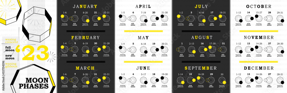 Moon phases calendar 2023. Waning gibbous, Waxing crescent, New moon ...