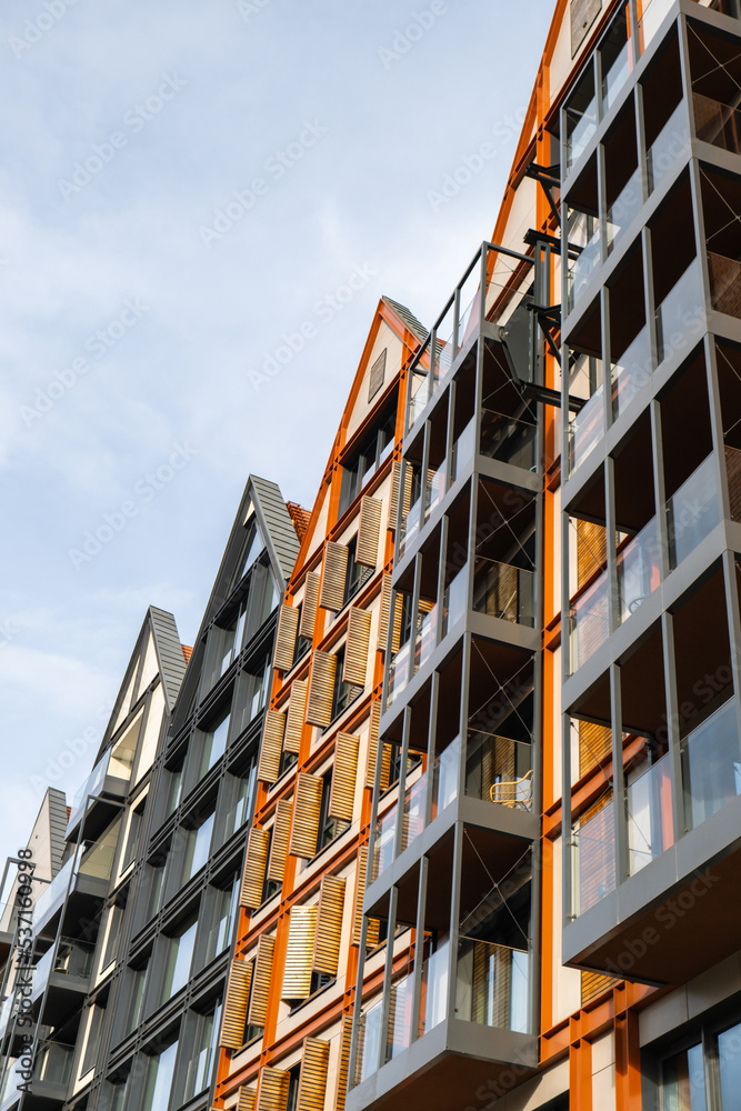 Modern buildings over the Motlawa River in Old Town. Abstract structure ...