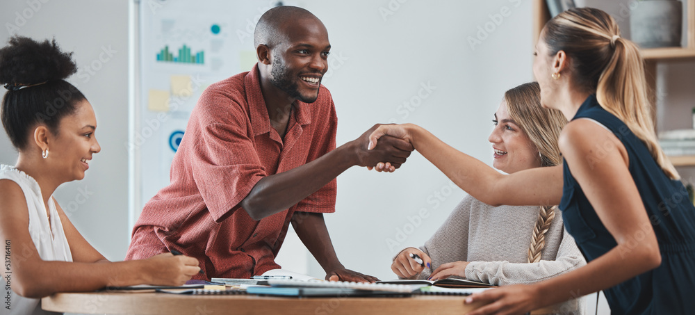 Diversity partnership, team and handshake for startup company, job interview and approved ...