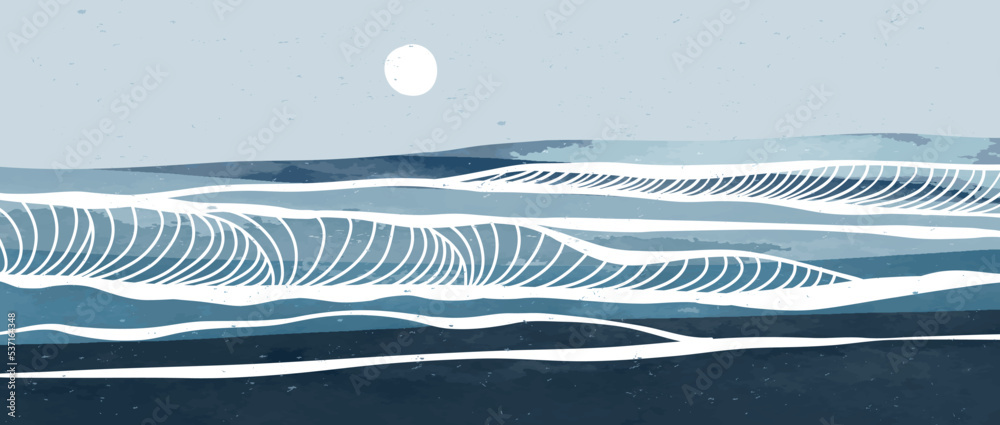 Blue Ocean wave landscape. Creative minimalist modern paint and line ...