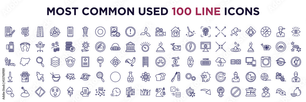 set of most common used 100 web icons in outline style. thin line icons ...