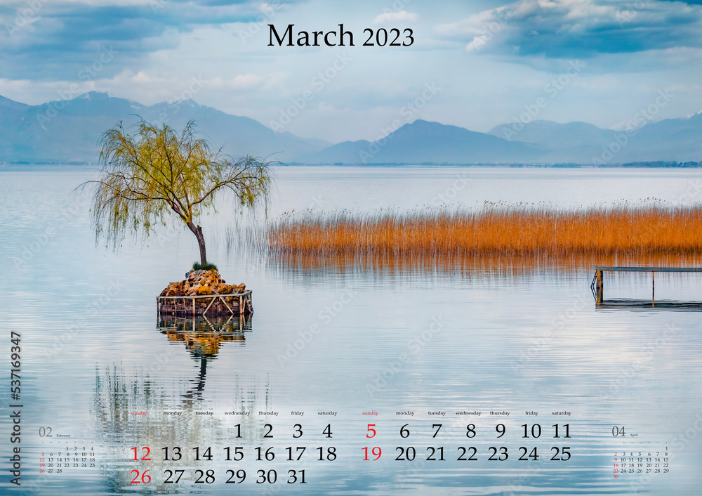 Horizontal wall calendar for 2023 year. March, B3 size. Set of ...