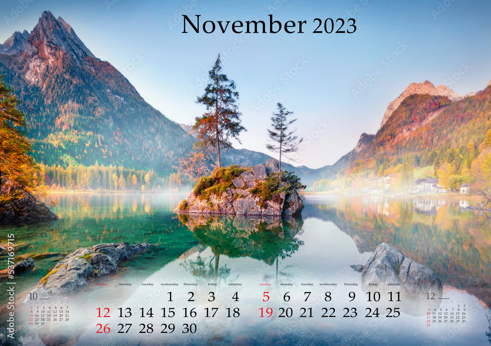 Horizontal wall calendar for 2023 year. November, B3 size. Set of ...