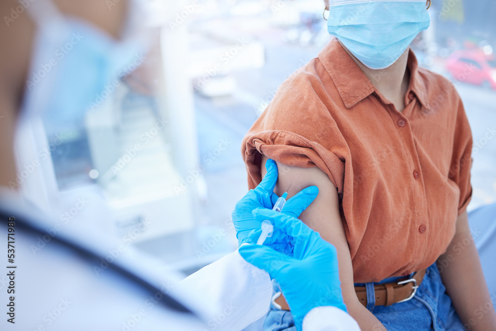 Healthcare, innovation and covid vaccine with doctor and patient in a ...
