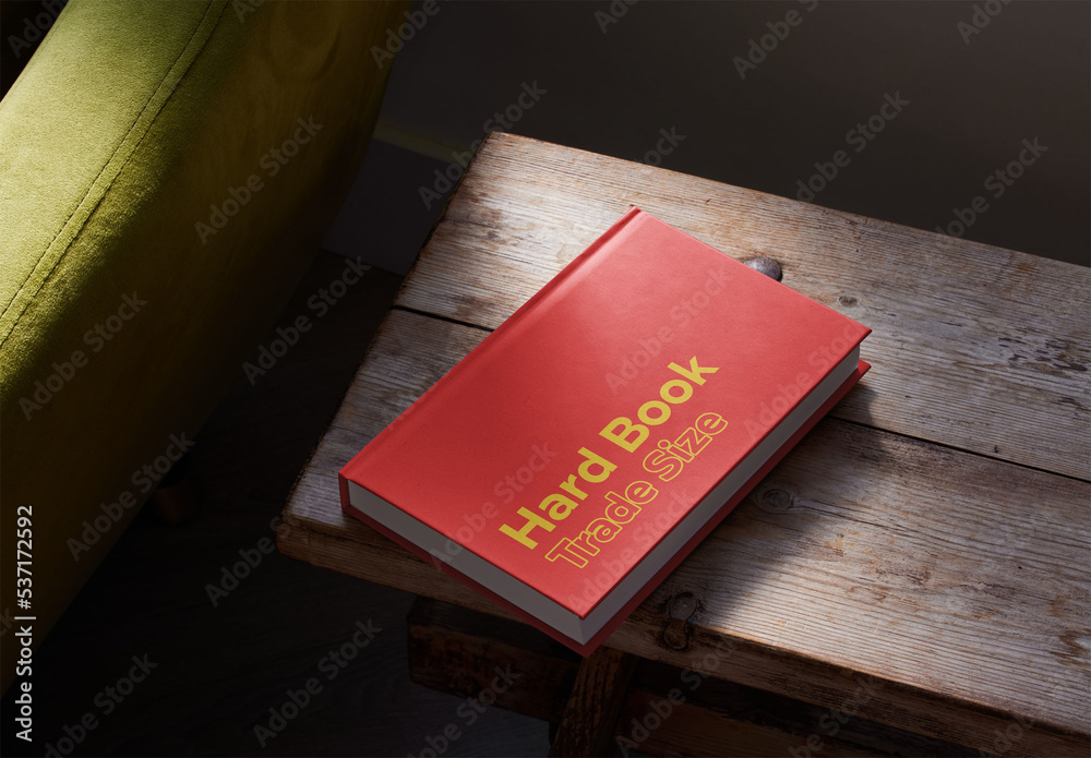 Trade Size Hardcover Book Mockup on a Wood Table Stock Template | Adobe ...