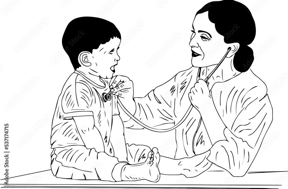 Pediatrician Sketch drawing, Child doctor examin kid with stethoscope ...